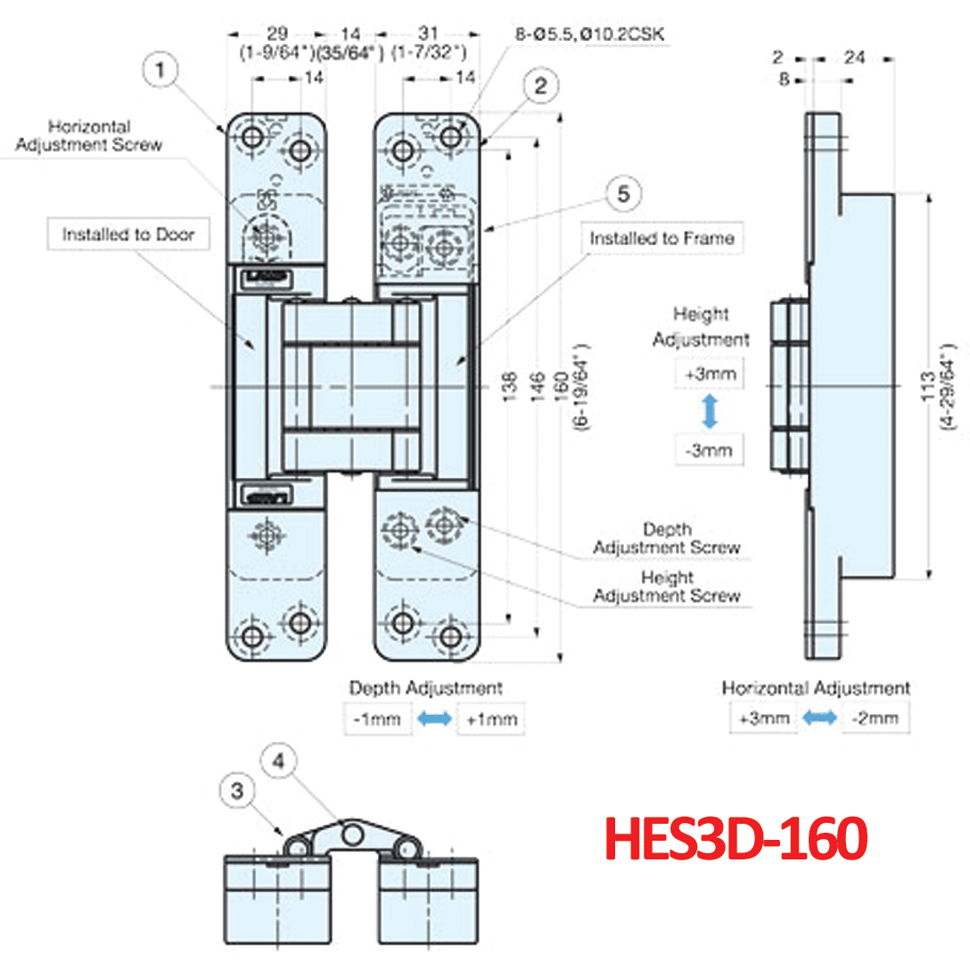 Sugatsune HES3D-120 3-Way Adjustable Concealed Door Hinge | Fisheries ...